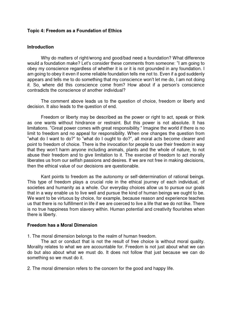 GEC 7 Chapter 1 Topic 4 Freedom As A Foundation of Ethics | PDF | Morality | Free Will