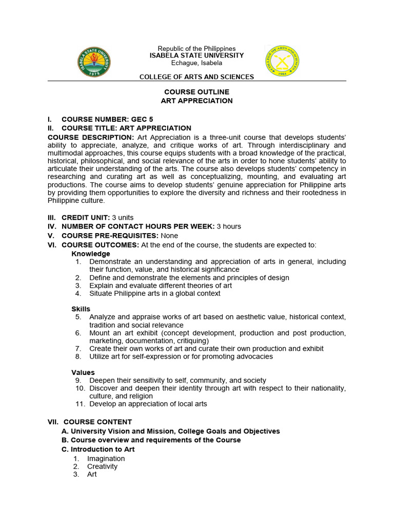 Course Outline Art Appreciation | PDF | Knowledge | Cognition