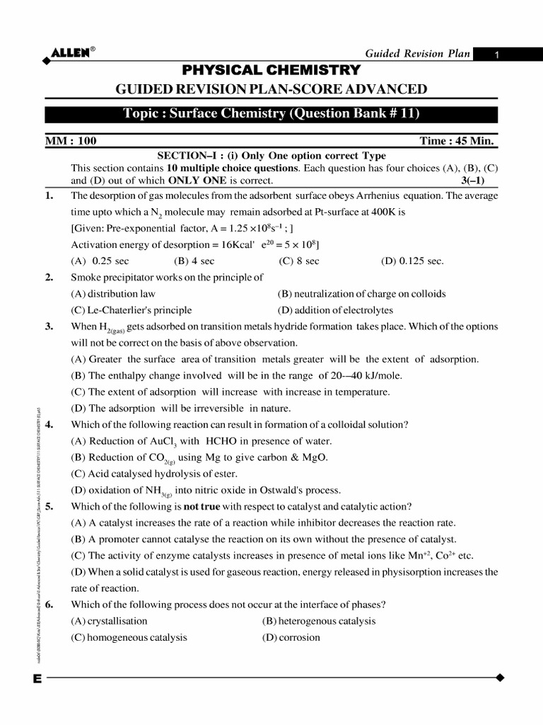 Surface Chemistry Practice Sheet Allen | PDF