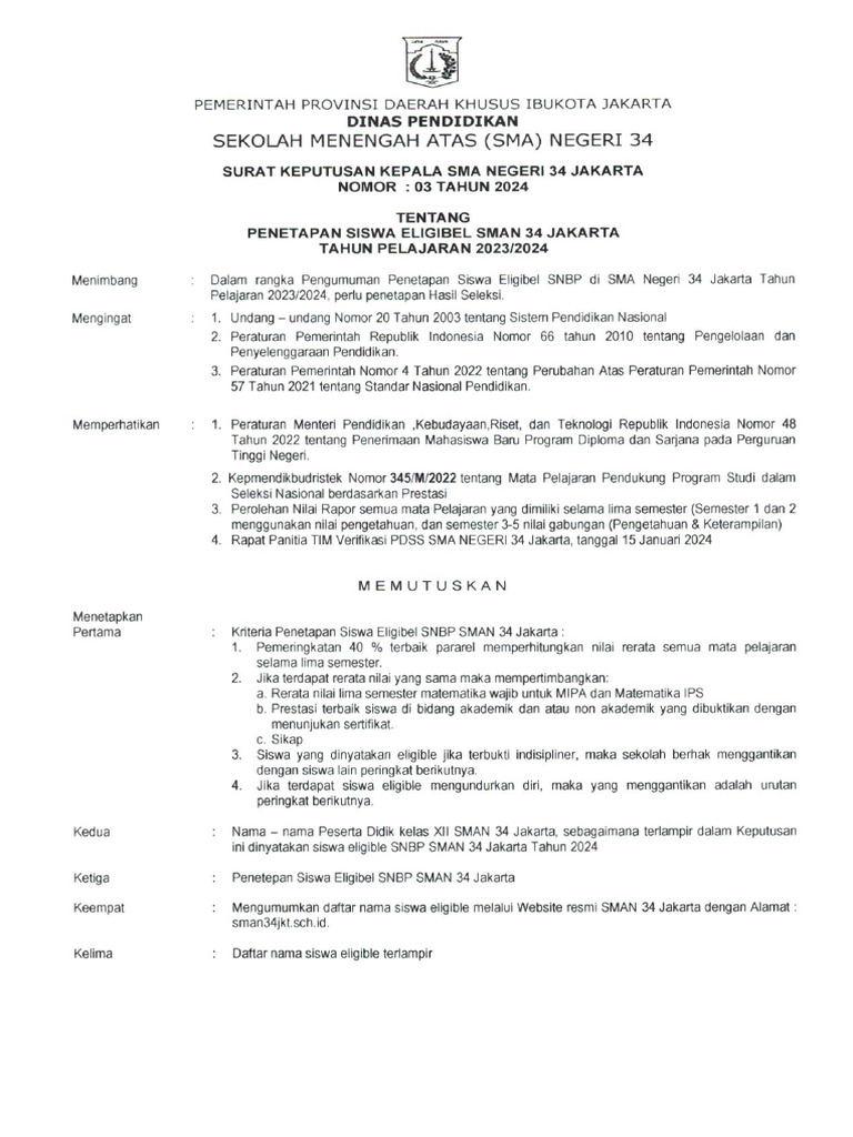 SK Penetapan Siswa Eligibel Sman 34 Jakarta TP 2023 2024 | PDF