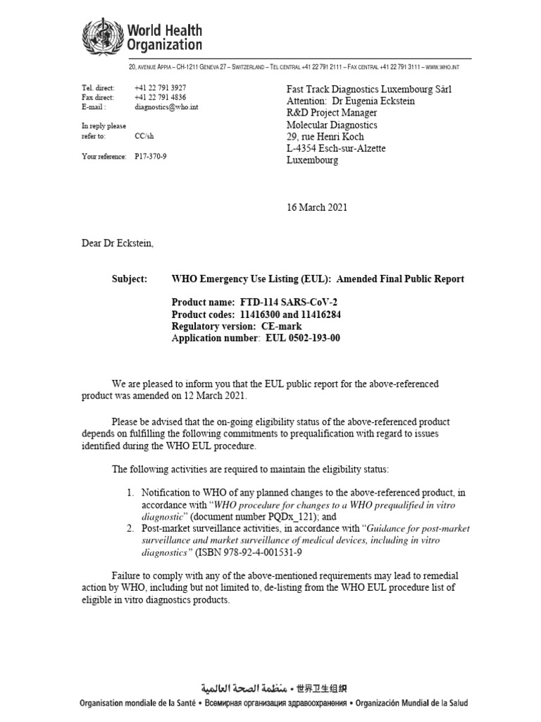 32-96kit FTD-WHO Letter - FTD SARS-CoV-2 - Letter For Amended Public ...