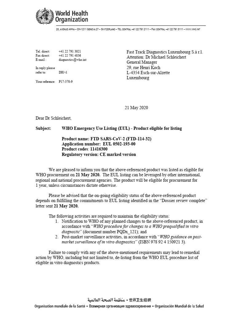 32-Kit FTD-WHO Letter EUL Complete and Listing-Signed | PDF