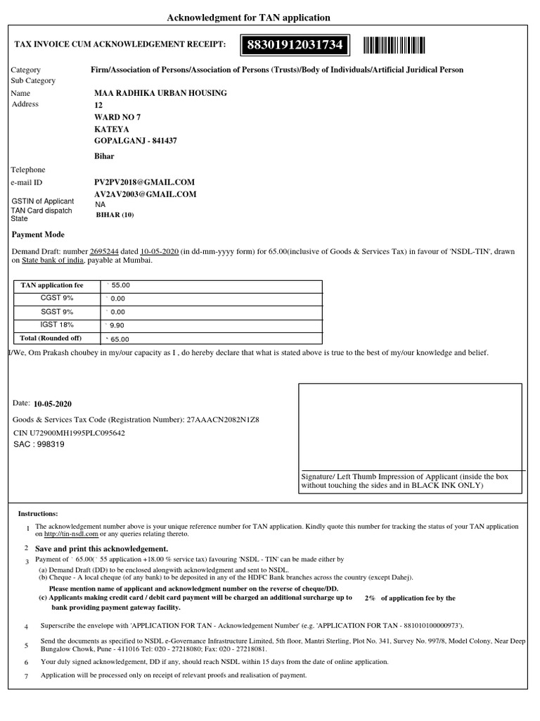 Acknowledgment For TAN Application: NA TAN Card Dispatch State GSTIN of ...