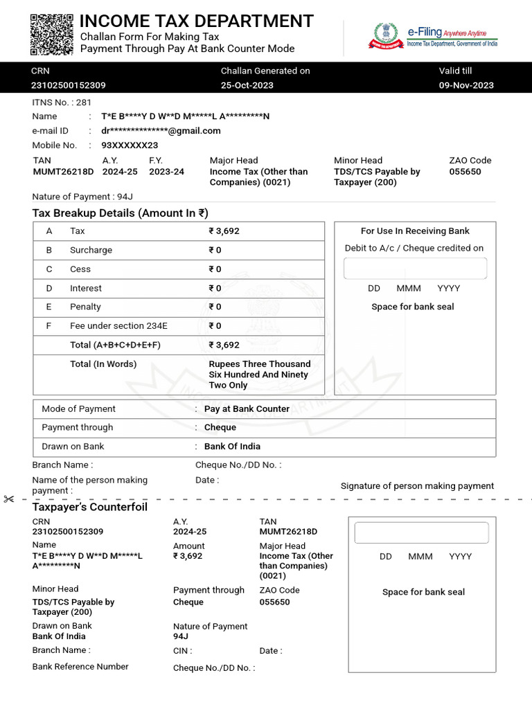 TDS Challan 2023.10.25 To Pay | PDF