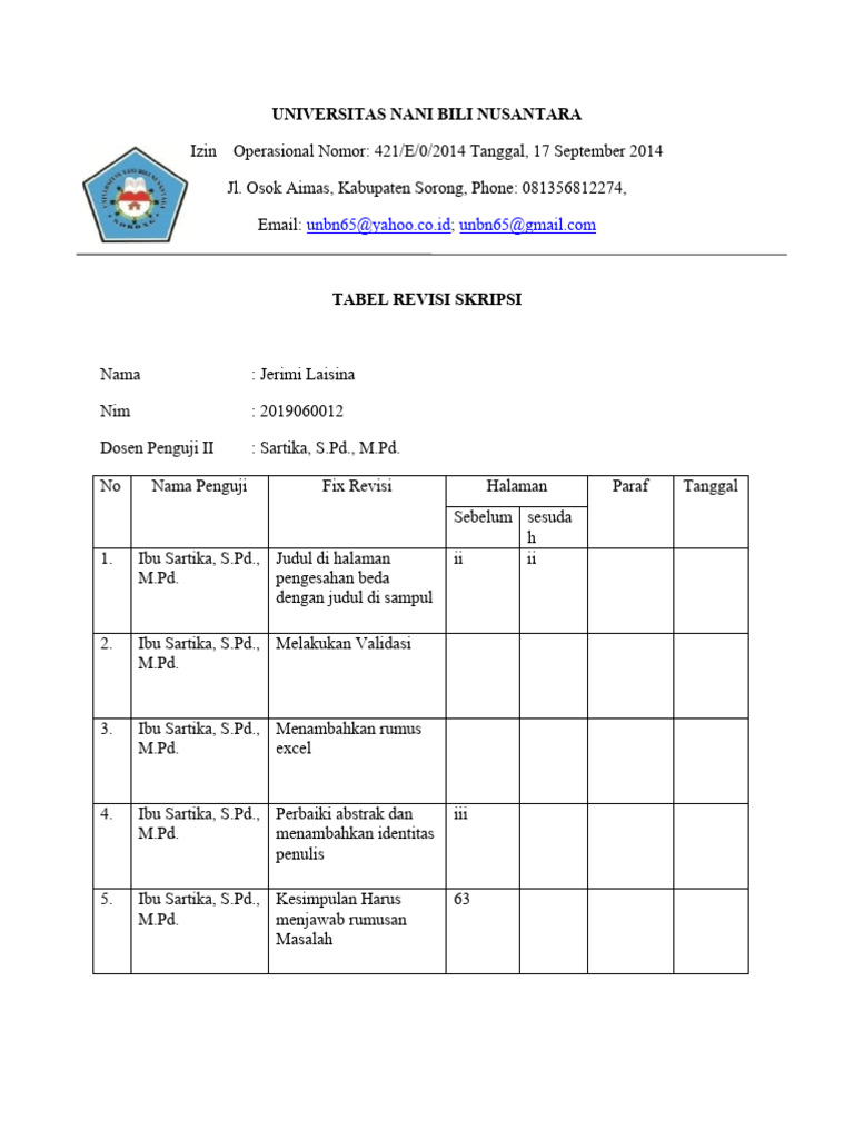 8nov23 TABEL REVISI SKIRPSI | PDF