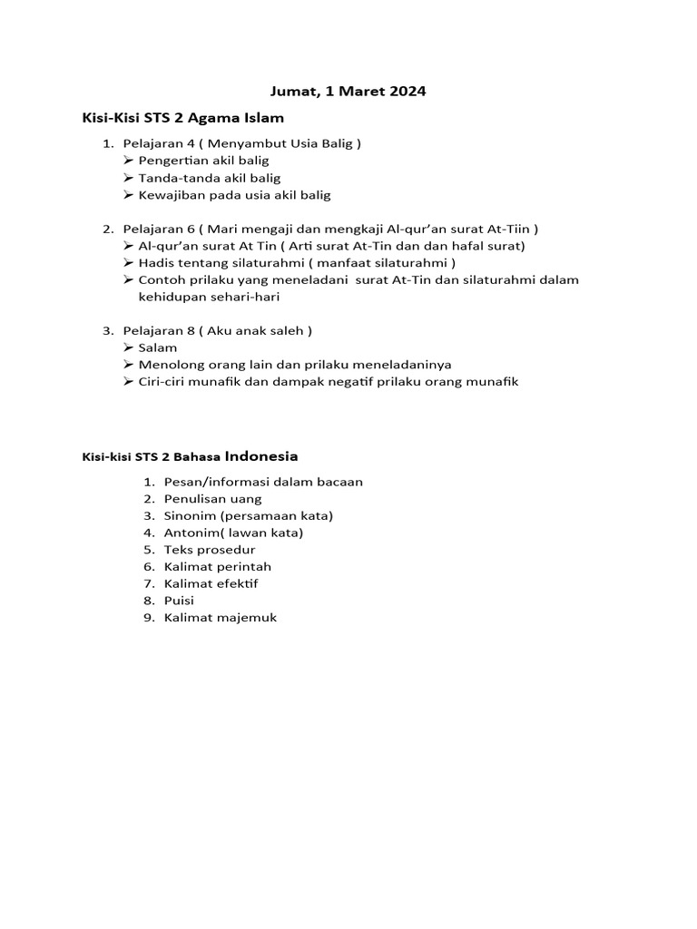 Kisi-Kisi STS Semester 2 | PDF | Kajian Bahasa Asing