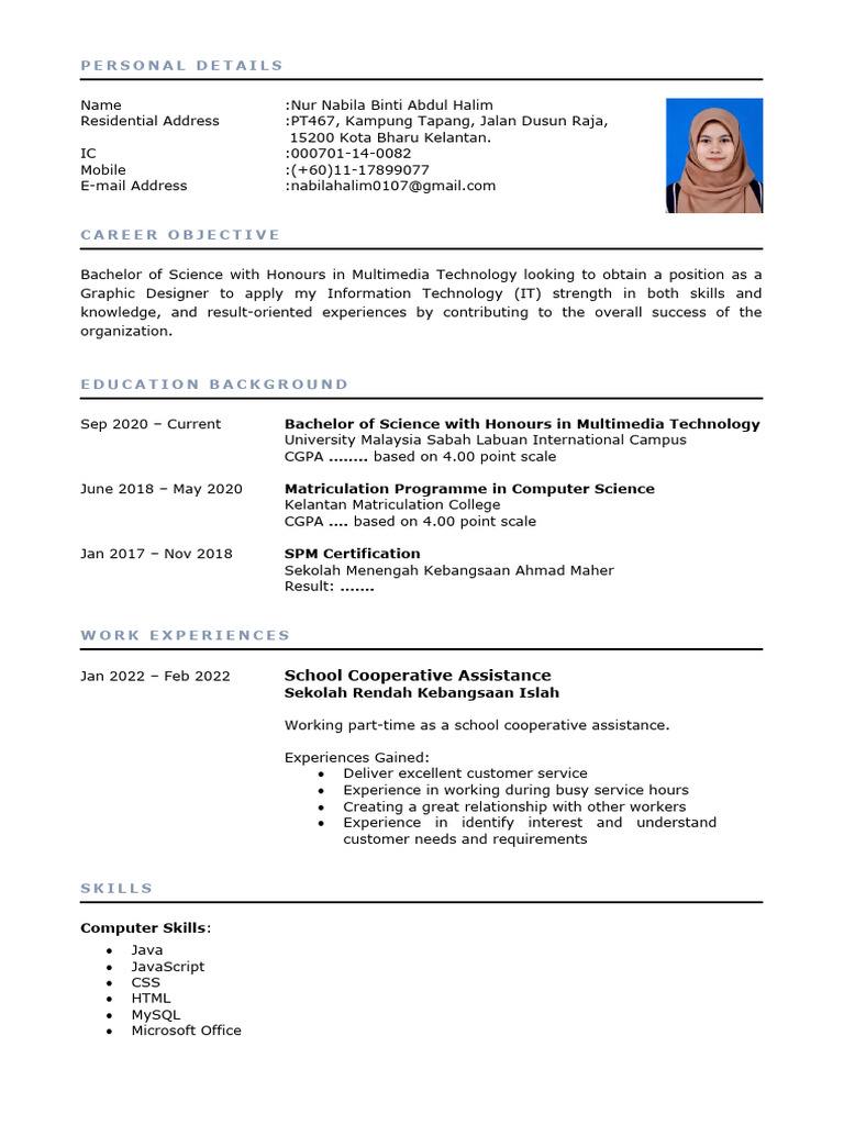 Resume Nabilahalim | PDF | Computing