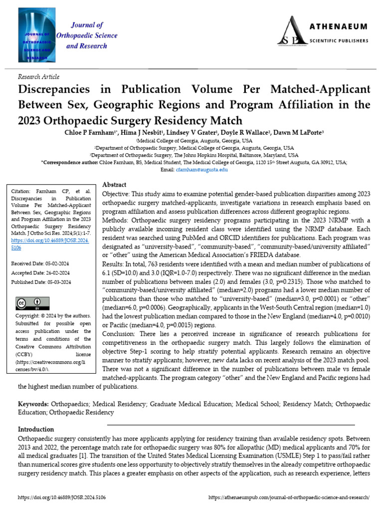 Discrepancies In Publication Volume Per Matched Applicant Between Sex Geographic Regions And