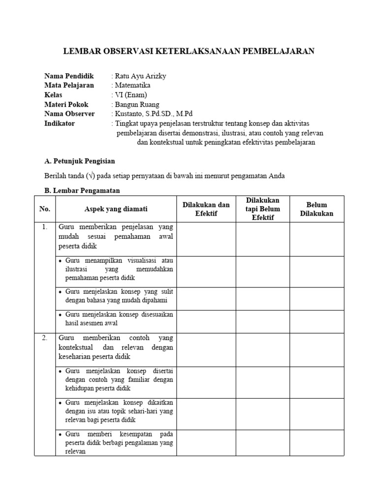 Lembar Observasi Keterlaksanaan Pembelajaran | PDF