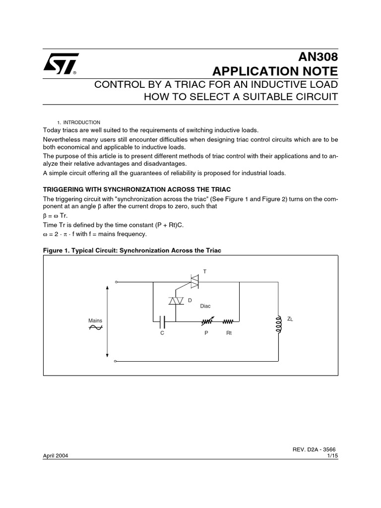 AN308 Control By A Triac For An Inductive Load How To Select A