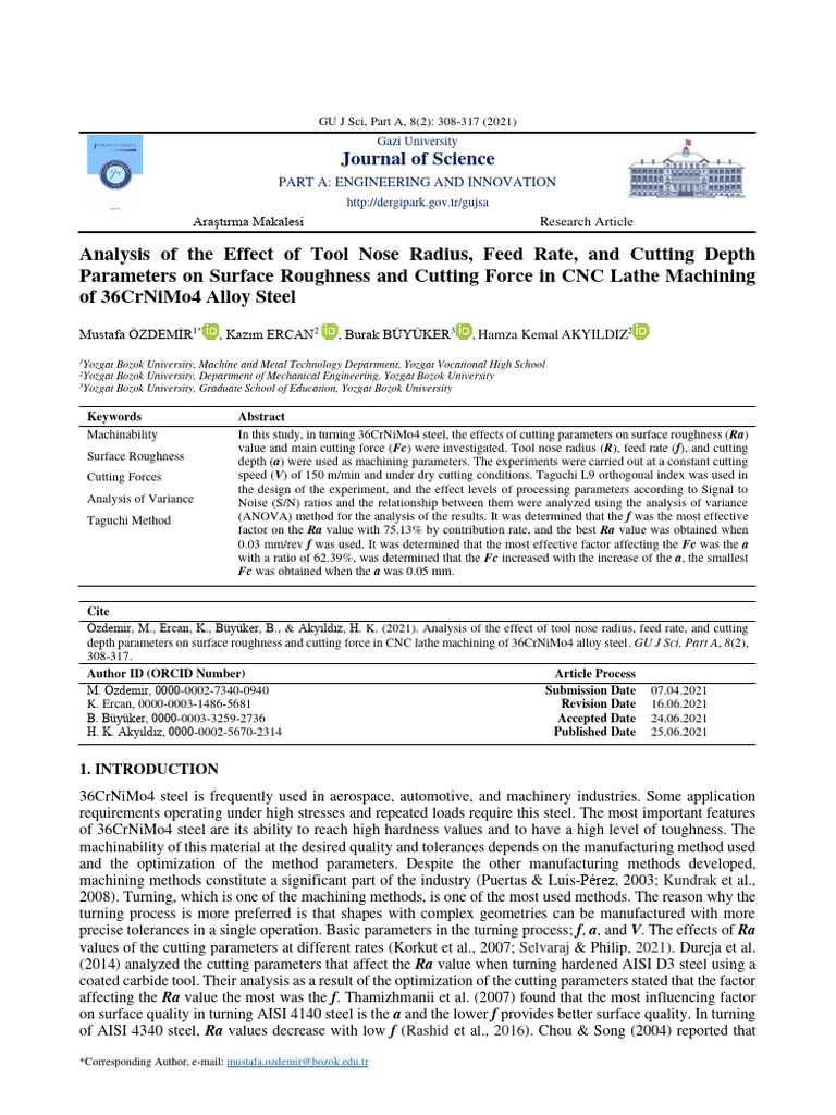 Analysis Of The Effect Of Tool Nose Radius Feed Rate And Cutting Depth Parameters On Surface