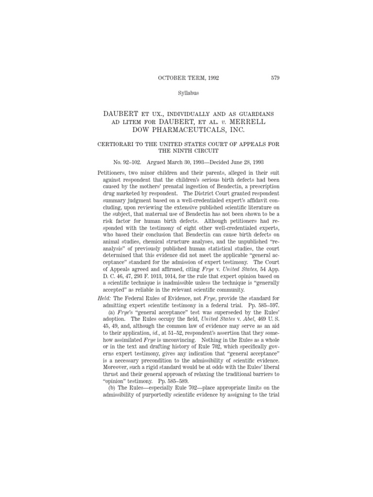 Daubert v. Merrell Dow Pharmaceuticals Inc 509 U.S. 579 (1993) | PDF ...