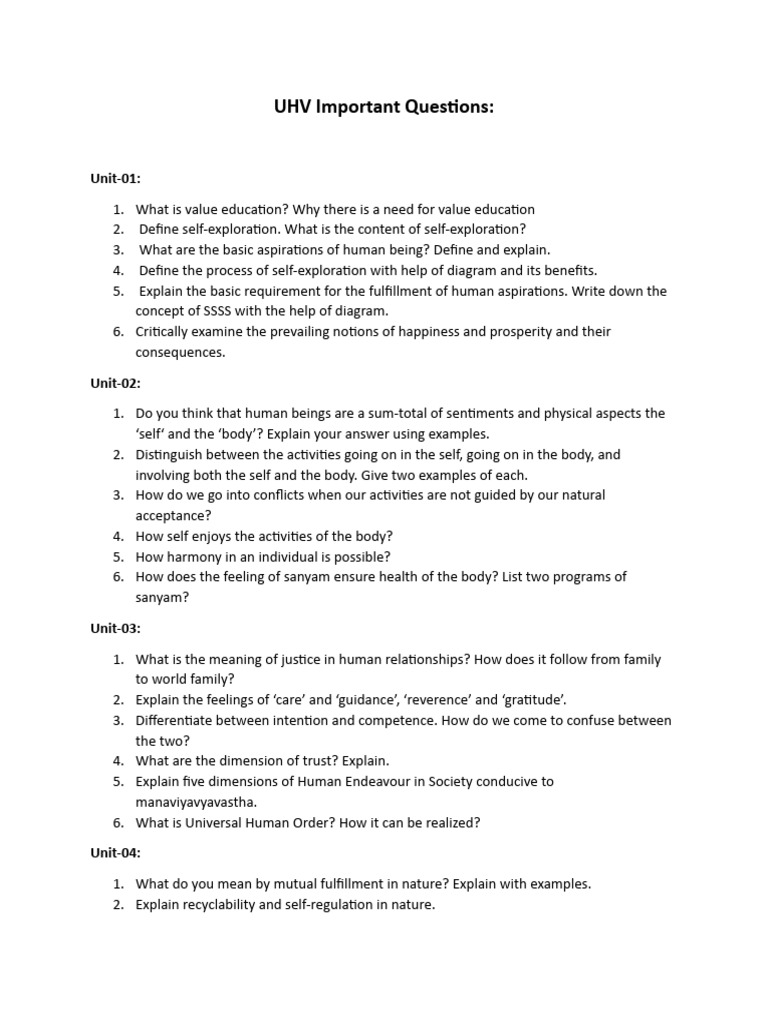 UHV Important Questions | PDF | Psychology | Behavioural Sciences