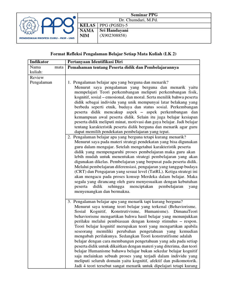 Sri Handayani - X902308858 - Jurnal Refleksi PPDP | PDF