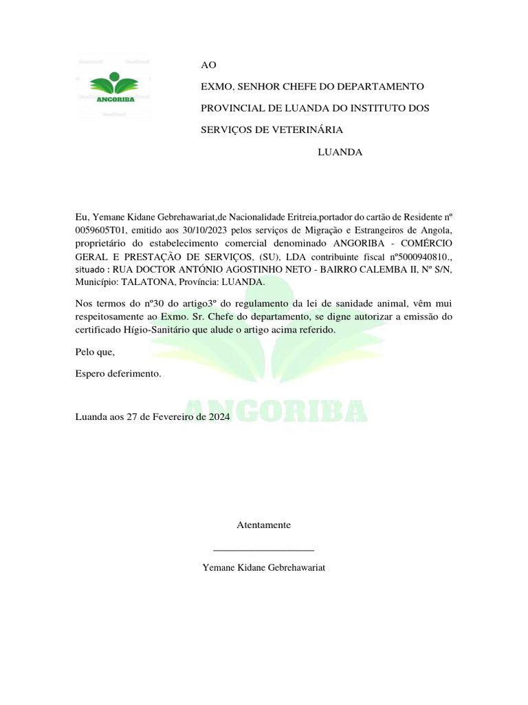 Solicitação de Certificado Hígio-Sanitário | PDF