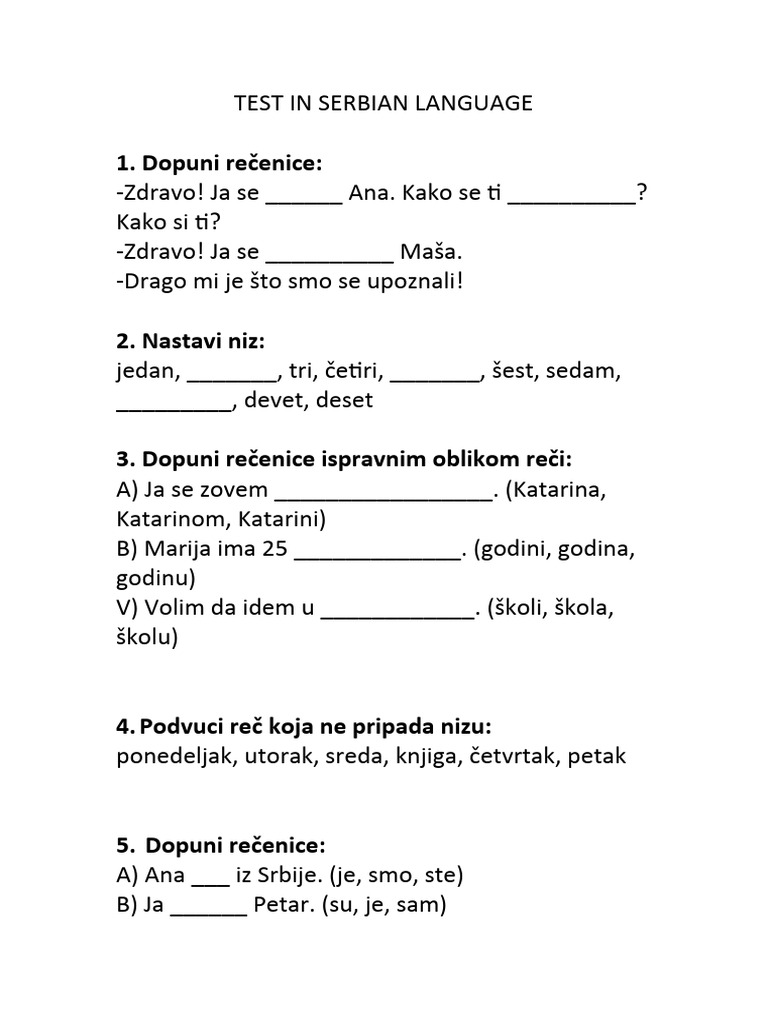 Test in Serbian Language (A1) | PDF
