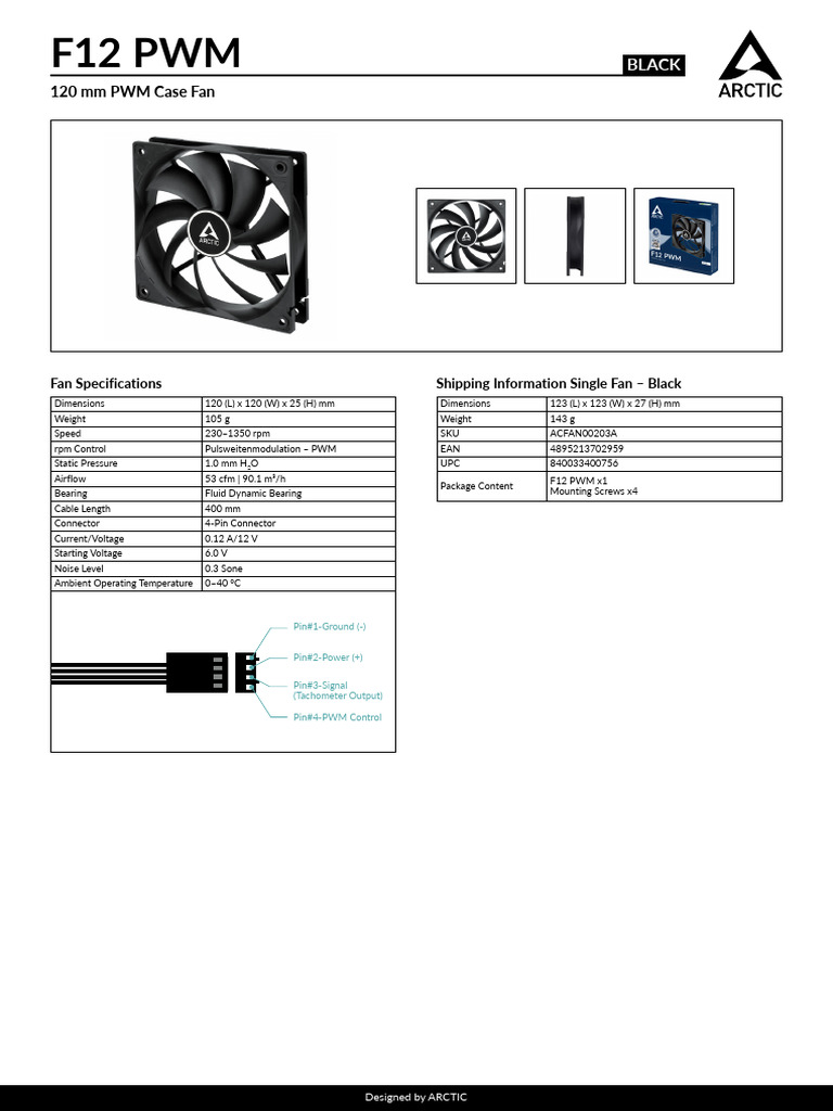 Arctic F12 PWM Fan Specifications | PDF | Chemical Engineering | Equipment