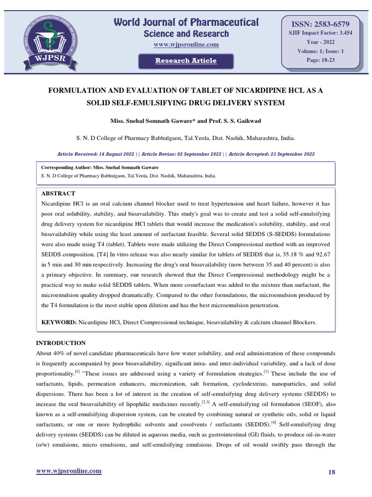 Formulation And Evaluation Of Tablet Of Nicardipine Hcl As A Solid Self Emulsifying Drug