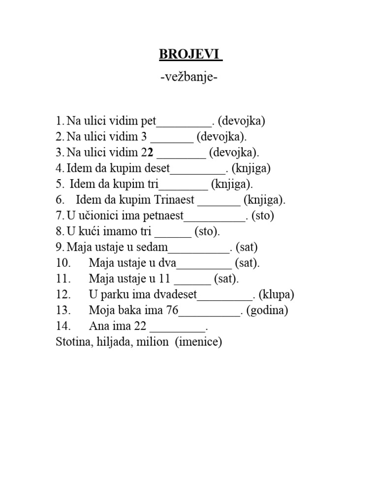Brojevi + Padeži - Vežbanje | PDF