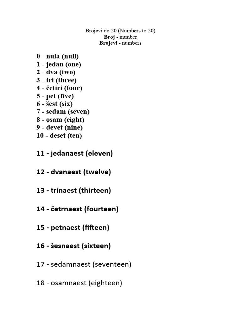 Numbers 0-20 in English and Croatian | PDF