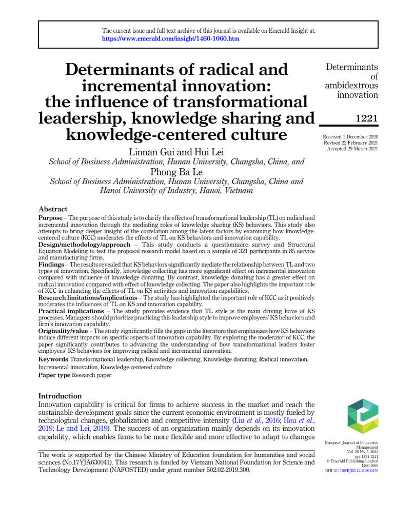 Determinants of Radical and Incremental Innovation The Influence of Transformational Leadership ...