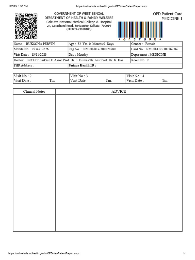 OPD Patient Report for Ruksona Pervin | PDF | Wellness