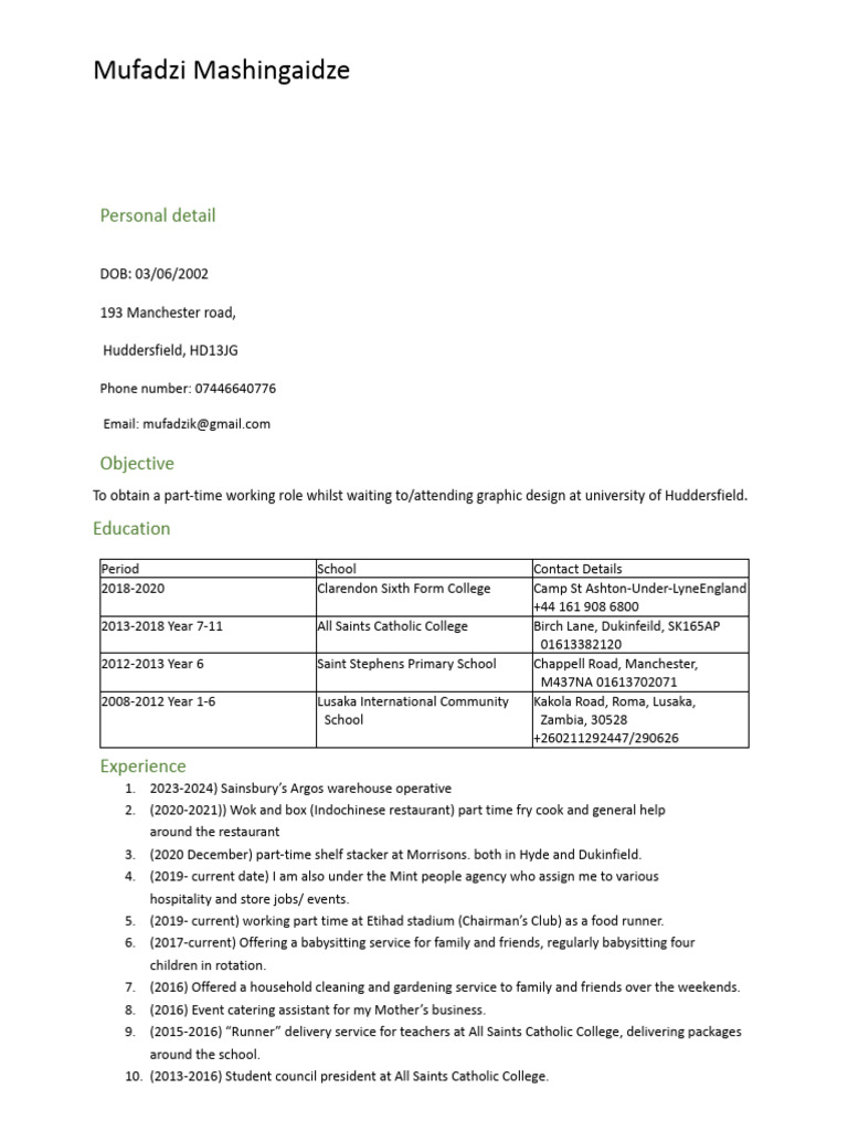 Mufadzi Mashingaidze: Personal Detail | PDF