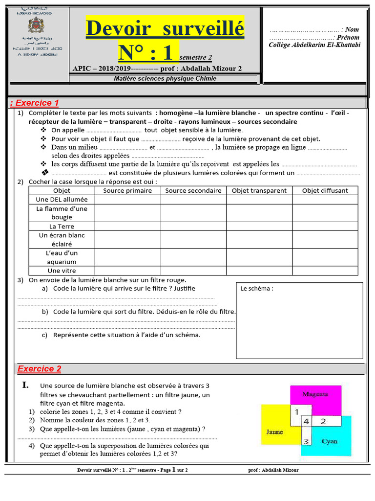 Devoir N1 Semestre 2 Physique 2AC 1 3 | PDF Devoir N1 Semestre 2 Physique 2AC 1 3 | PDF