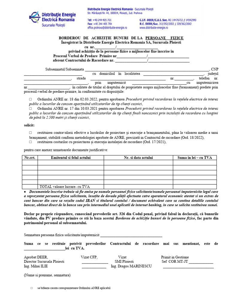 Borderou-Pers Fizica - Ordin 17 Si 18 ANRE - FINAL - 13.09.2022 | PDF