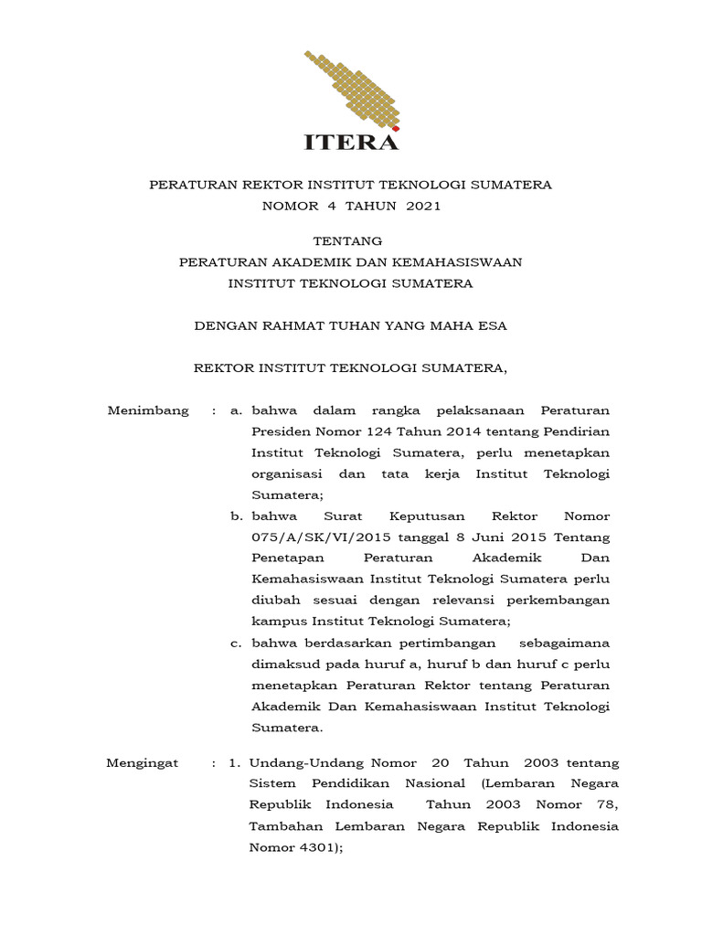 Peraturan Rektor Tentang Peraturan Akademik Dan Kemahasiswaan ITERA | PDF | Seni | Komputer