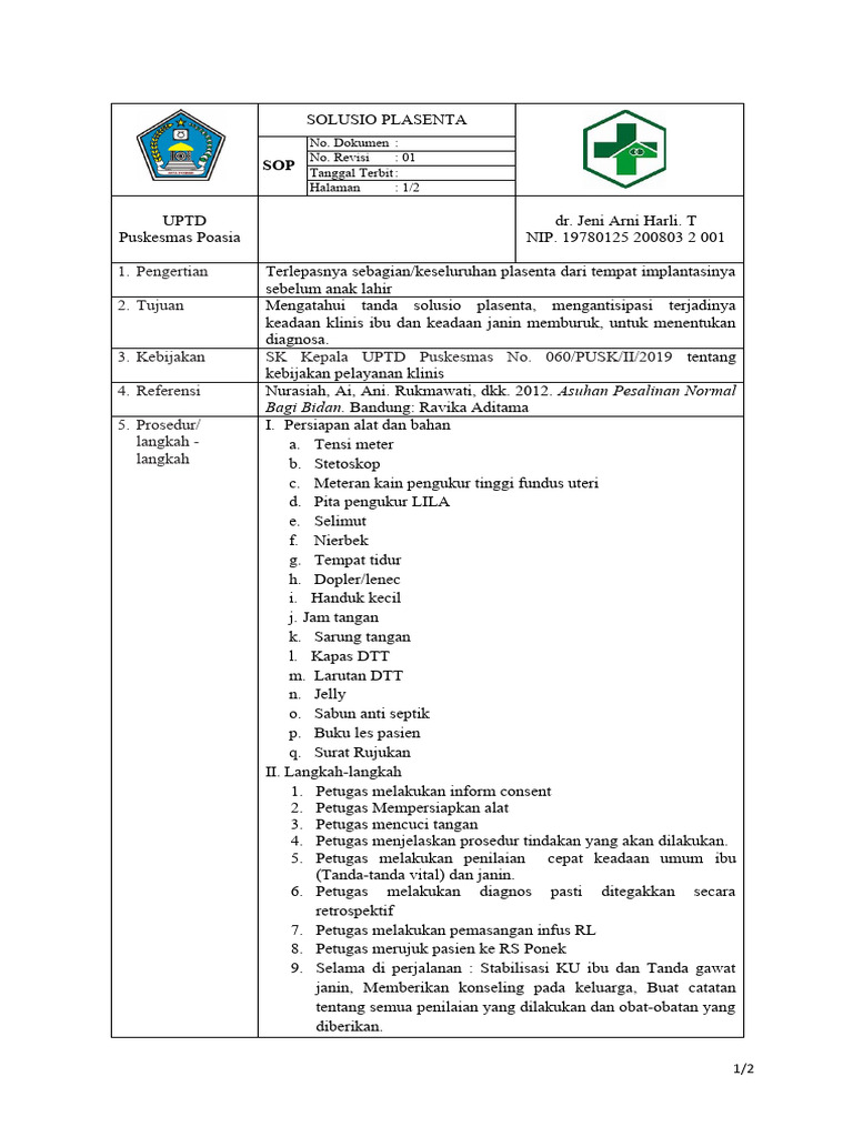 Sop Penanganan Solusio Plasenta | PDF