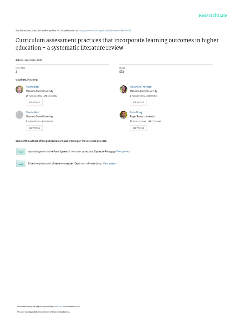 Curriculum Assessment Practices That Incorporate Learning Outcomes in Higher Education - A ...