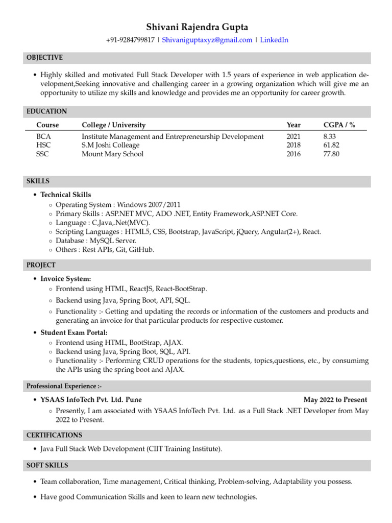 Resume Shivani Gupta | PDF | Java Script | Spring Framework