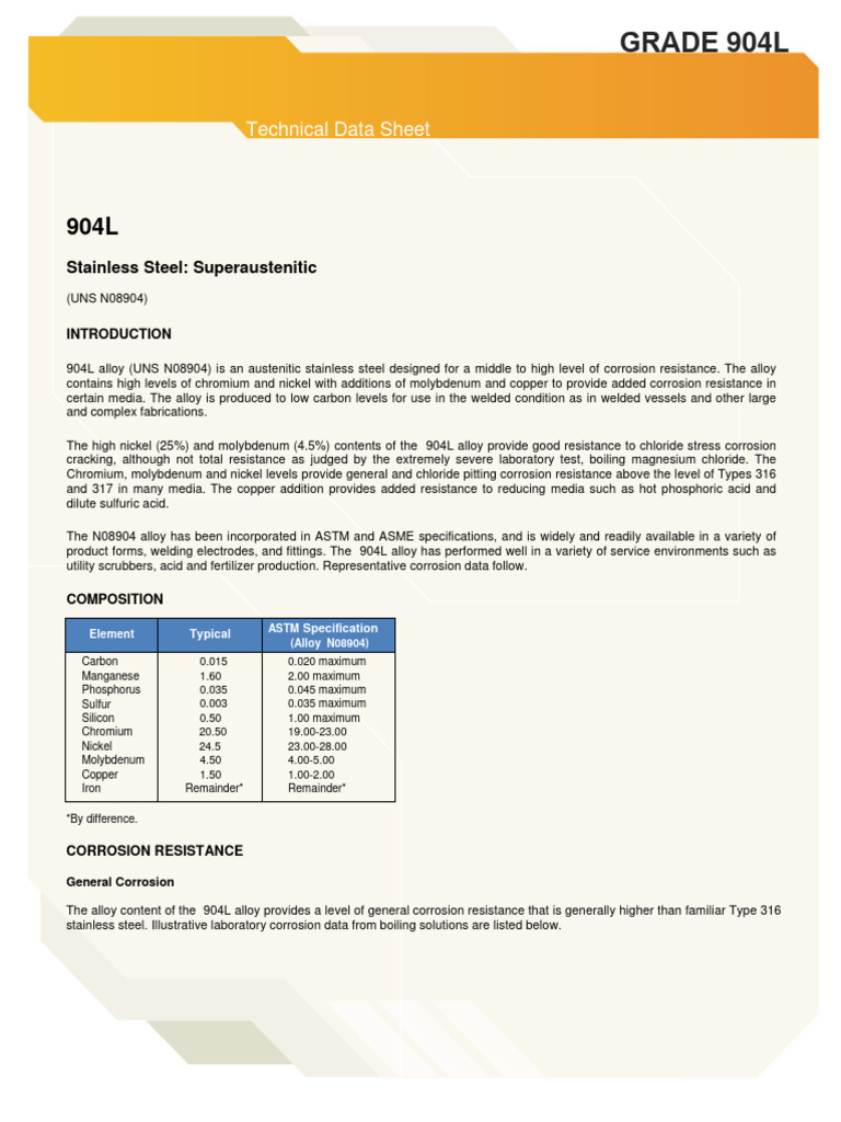 904L Stainless Steel Technical Data Sheet | PDF | Stainless Steel ...