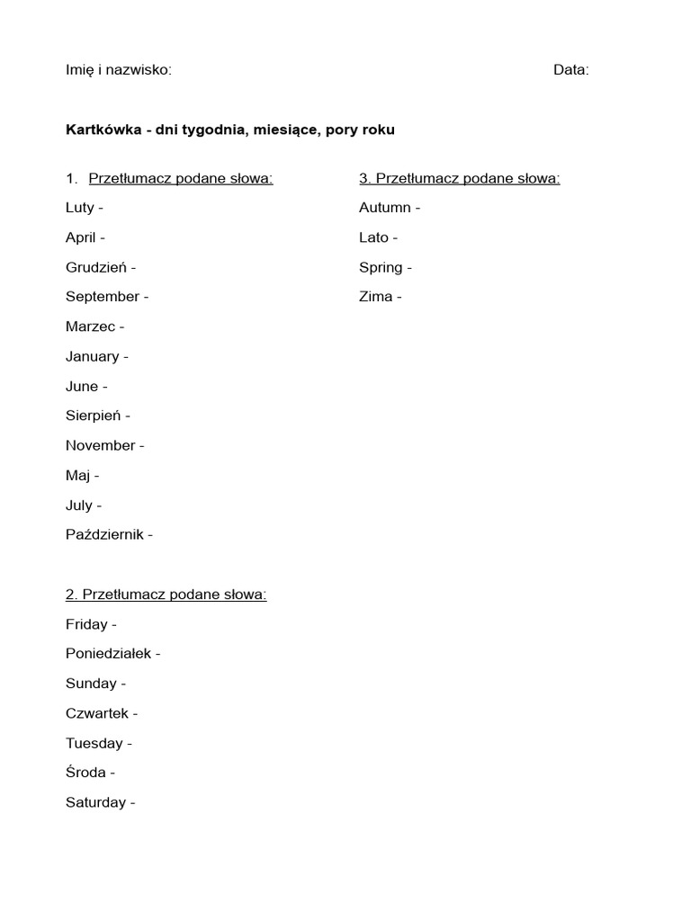 Kartkówka - Dni Tygodnia, Miesiące, Pory Roku | PDF
