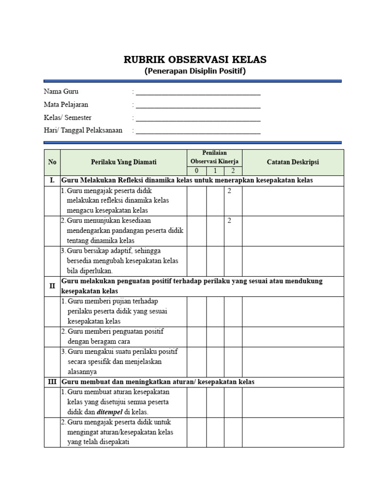 Rubrik Observasi Disiplin Positif Kelas | PDF | Karier & Perkembangan
