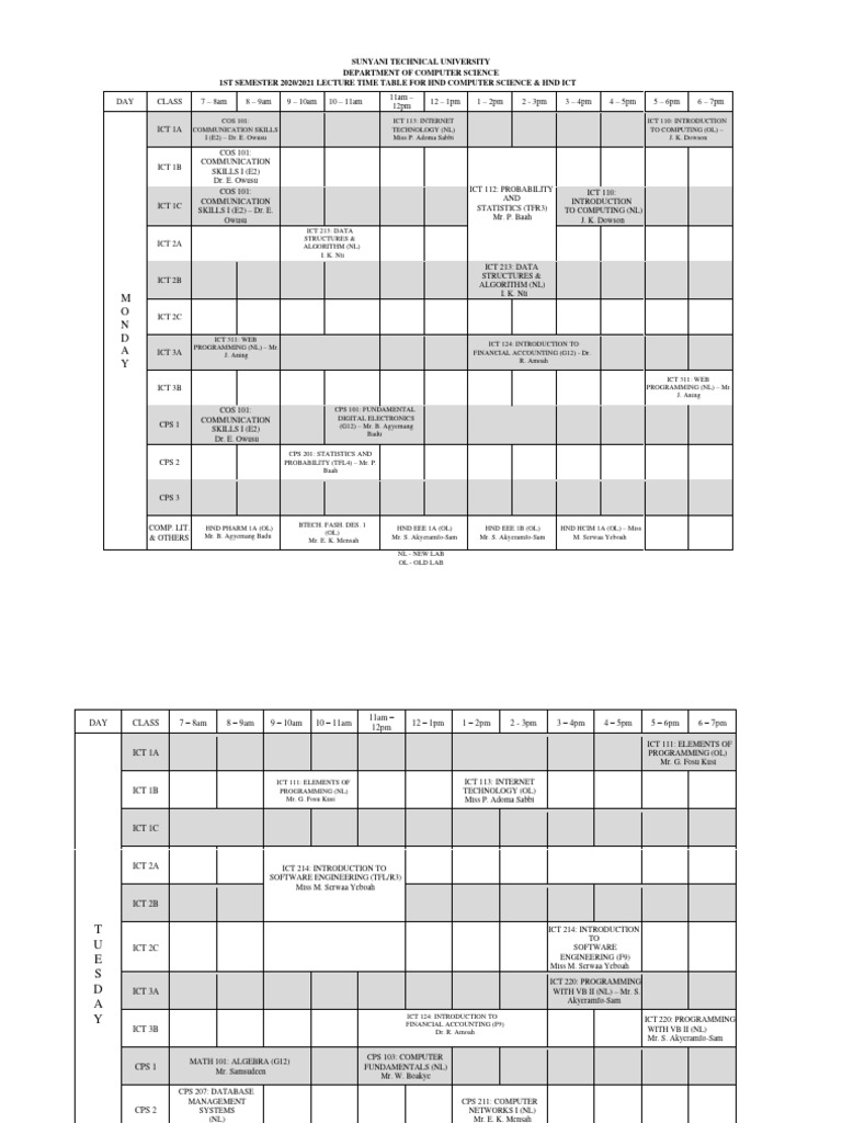 Final Time Table 2020-2021 Sem 1 | PDF | Information Technology | Information And Communications ...
