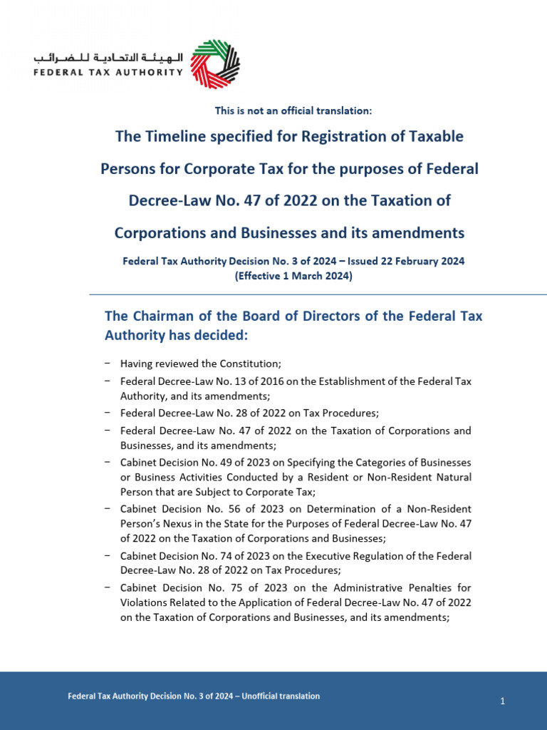 FTA Decision No. 3 of 2024 On Registration Timeline For Corporate Tax ...