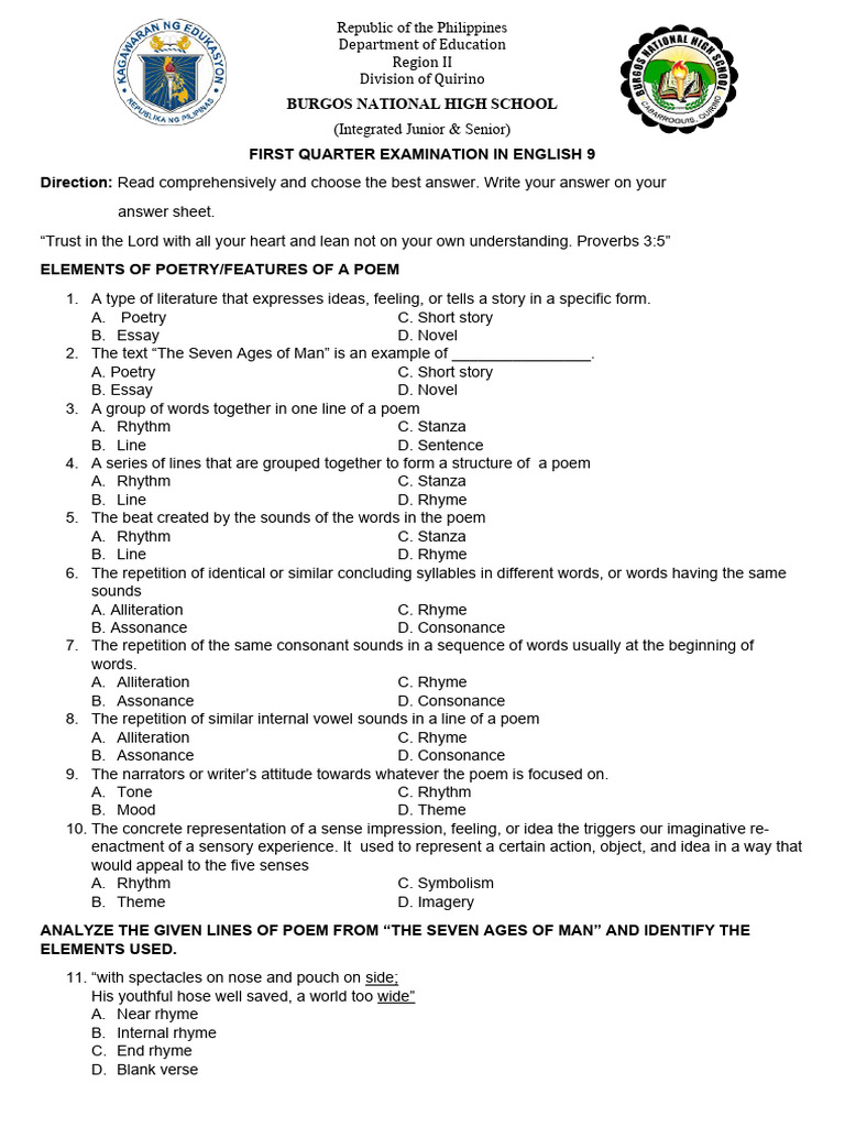 English 9 First Quarter Exam Review | PDF | Poetry | Rhyme