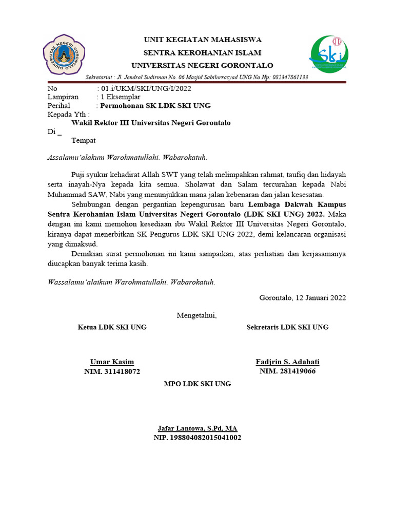 01 - Surat Permohonan SK Pengurus 2022 | PDF