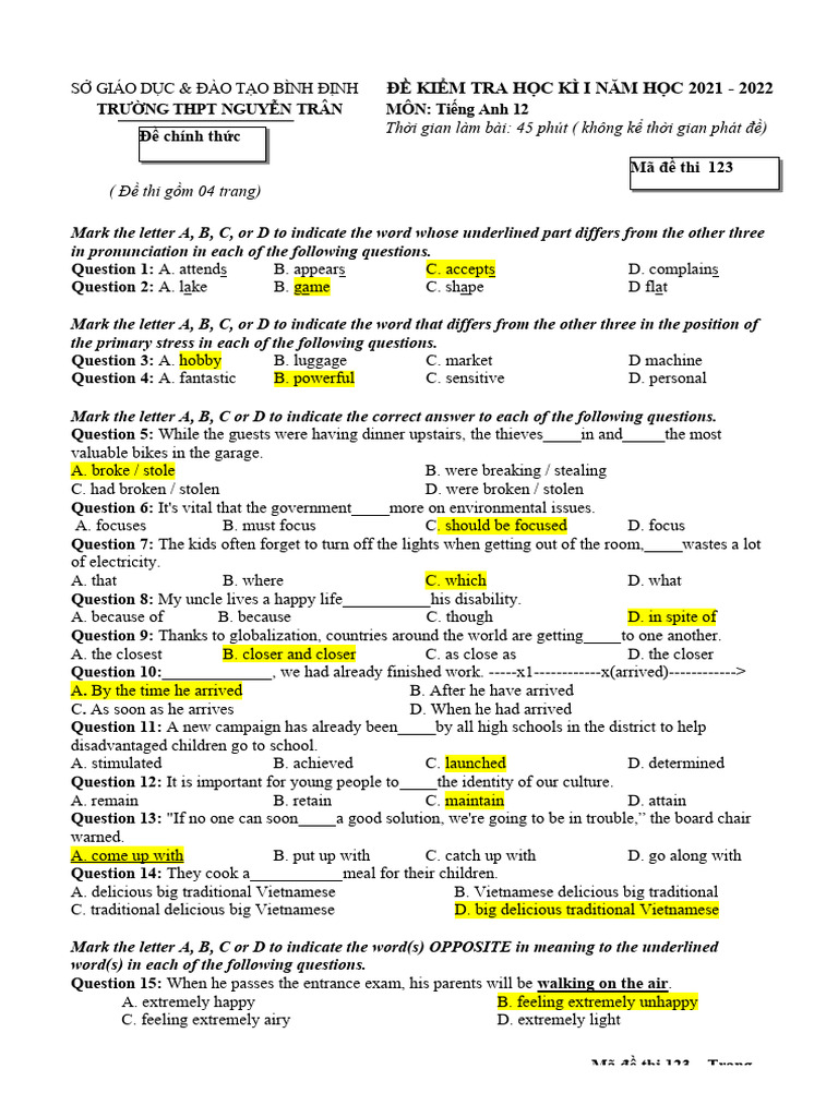 De Kiem Tra Cuoi Ki 1 Tieng Anh 12 Nam 2021 2022 Truong THPT Nguyen Tran Binh Dinh | PDF ...