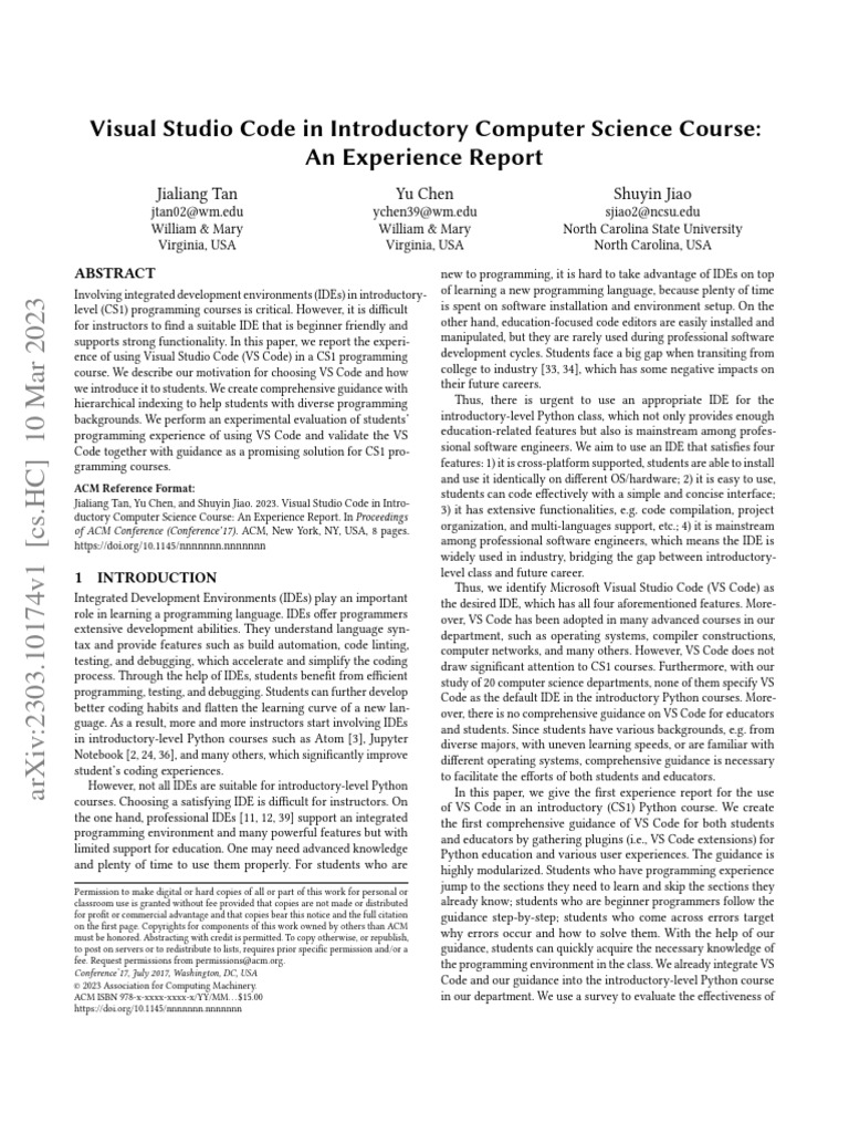 Visual Studio Code in Introductory Computer Science Course An Experience Report | PDF ...