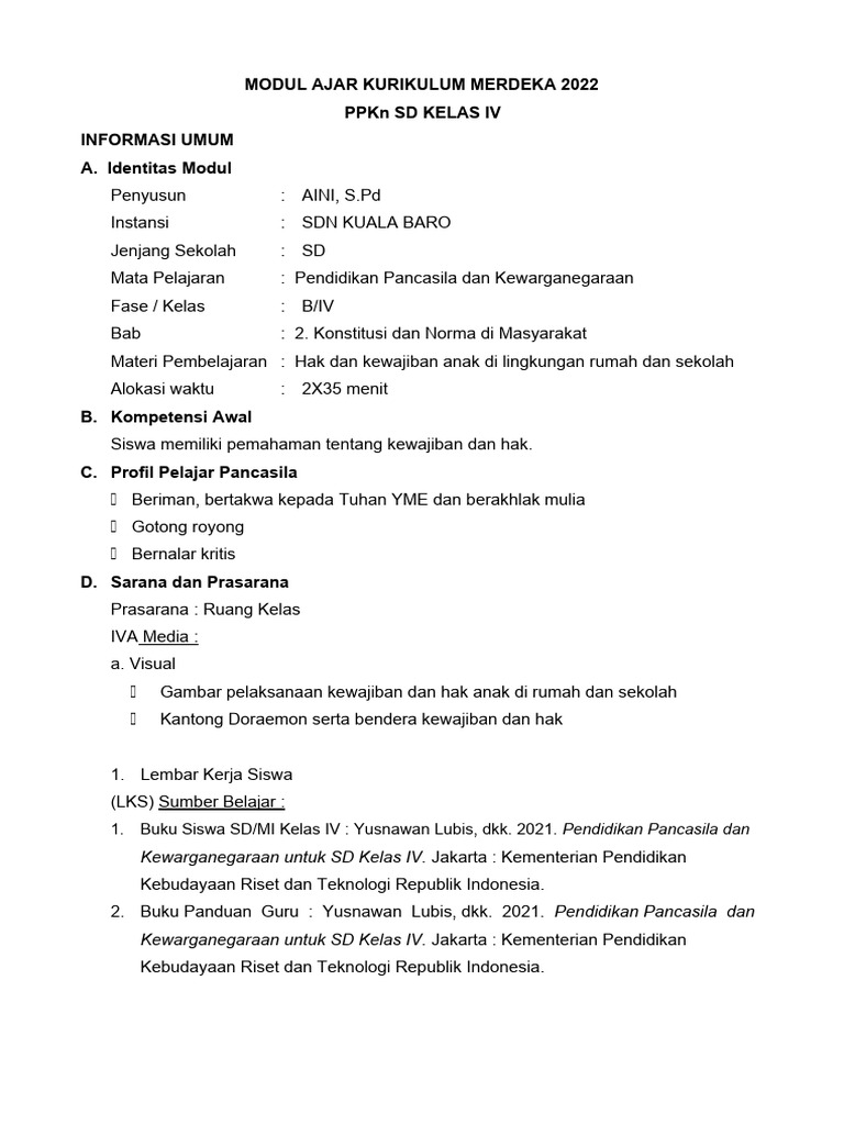 Modul Ajar PP Kls 4 (2) AINI AINI | PDF
