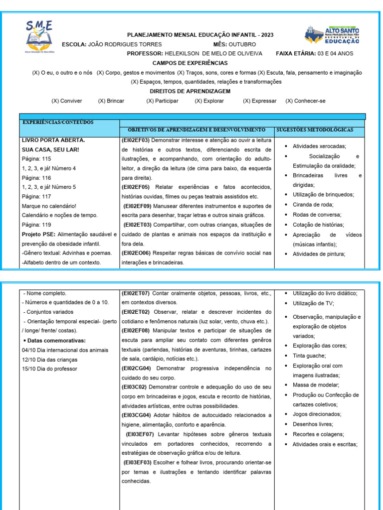 Planejamento Mensal Outubro 2023 | PDF | Aprendizado