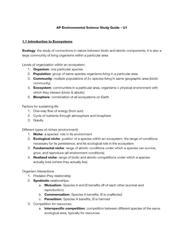 AP Envi Sci U1 Study Guide | PDF | Ecological Niche | Primary Production
