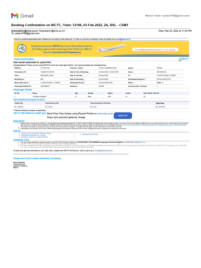 Yogesh Ticket BSL - CSMT | PDF | Service Industries | Payments