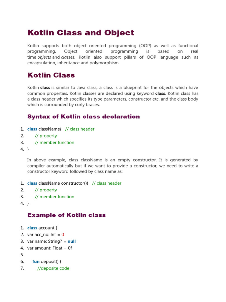 Kotlin Class And Object Pdf Class Computer Programming Programming