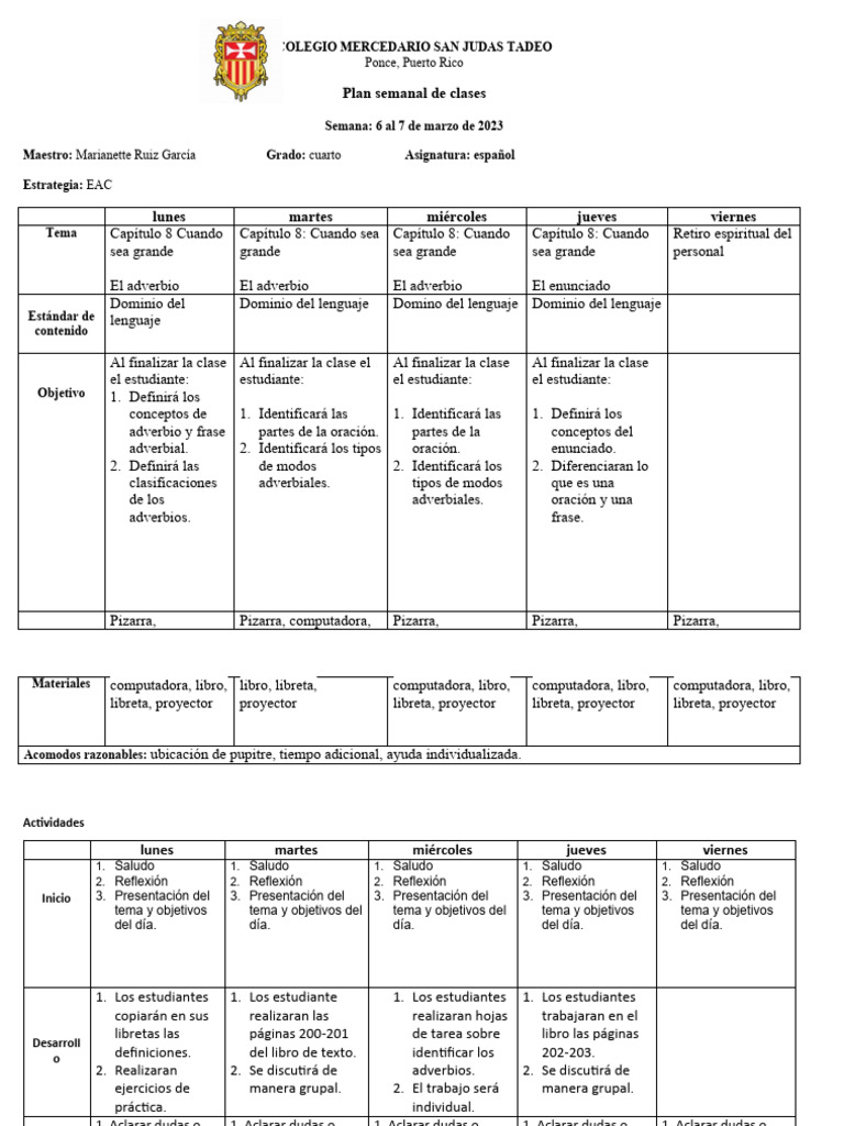 Planificación 6 Al 10 de Marzo Cuarto Grado | PDF | Adverbio | Evaluación