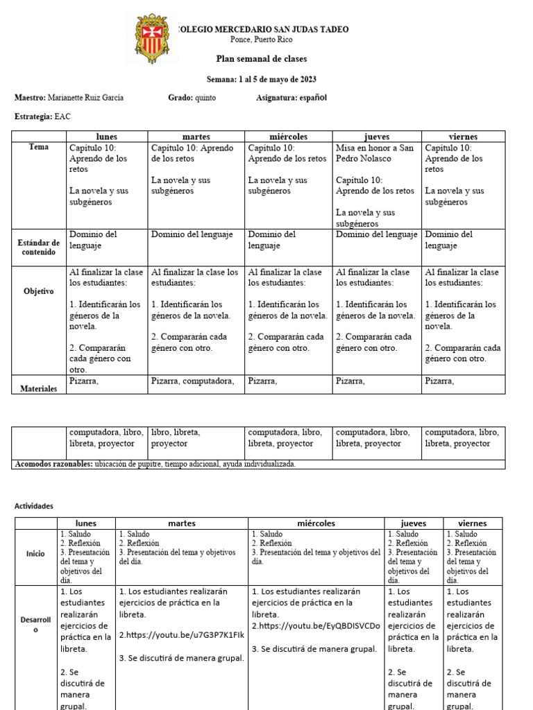 Planificación 1 Al 5 de Mayo Quinto Grado | PDF