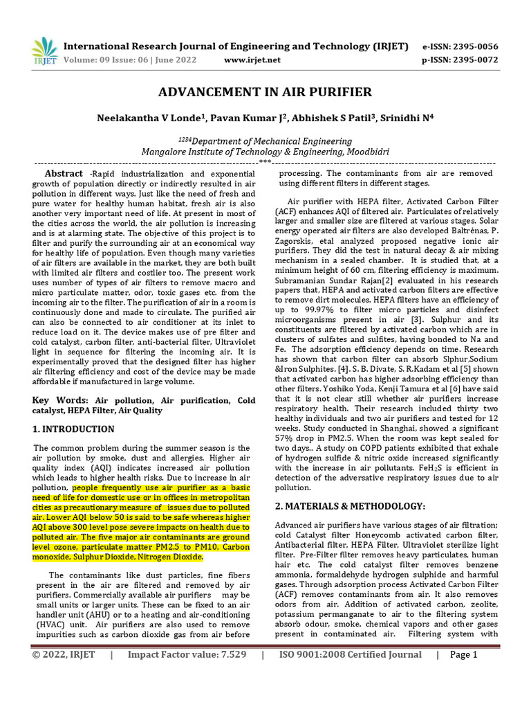 Advancement in Air Purifier | PDF | Chemistry | Materials